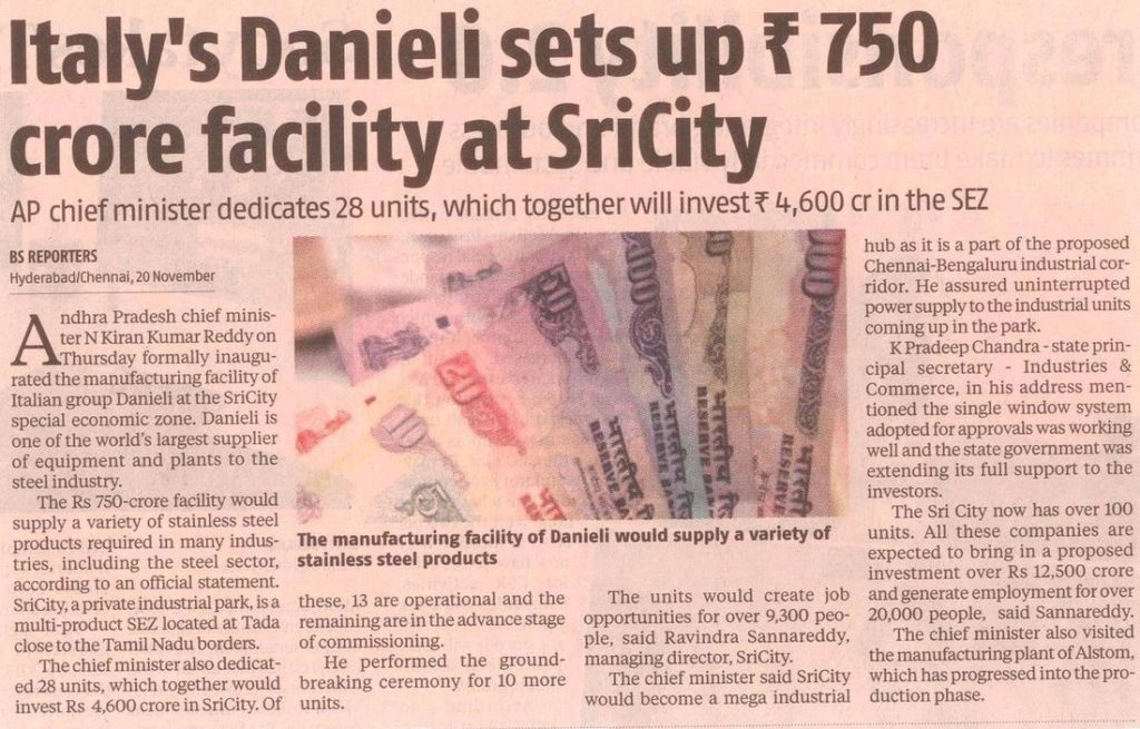 Member Company, Danieli to set up manufacturing at Sri City » BBG South